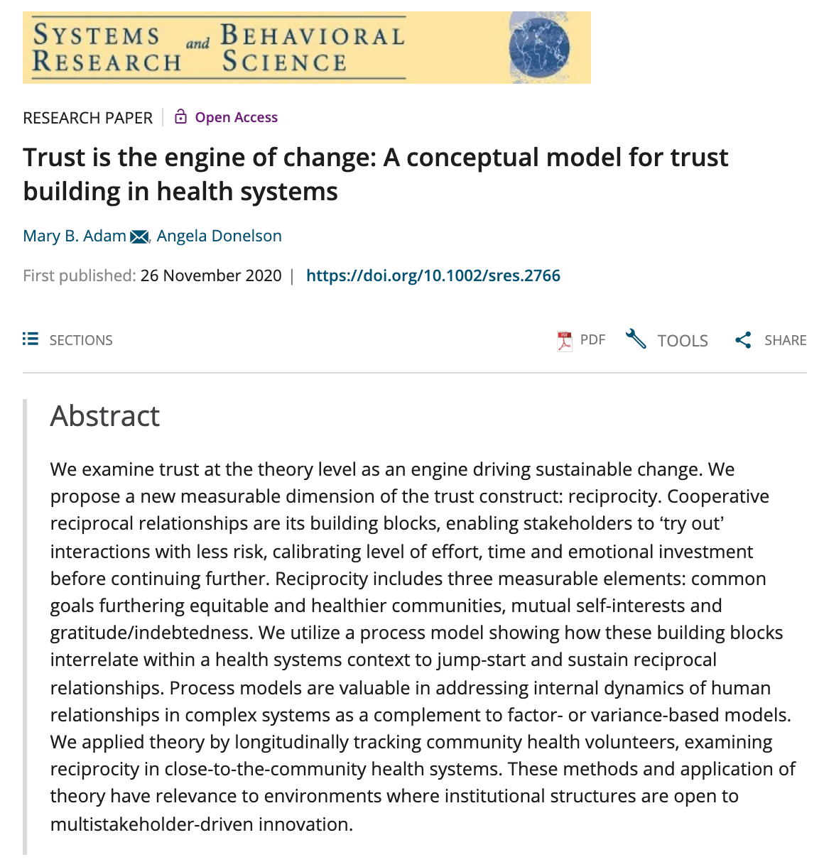 Trust Is The Engine Of Change: A Conceptual Model For Trust Building In Health Systems - PHERN